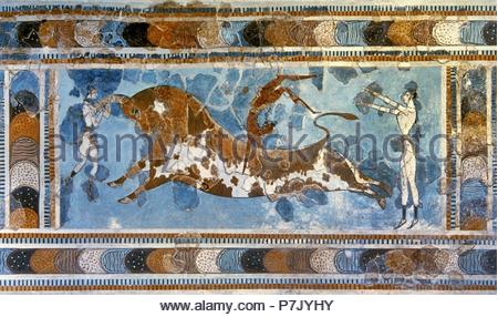Minoan period. Knossos Palace. Bronze Age. Bull-leaping Fresco, ca ...