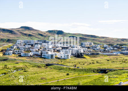 Aerial view of a neighborhood in Reykjavik, Iceland. This image is shot ...