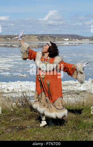 Portrait of a eskimo - inuit senior woman outdoors in Pond Inlet ...