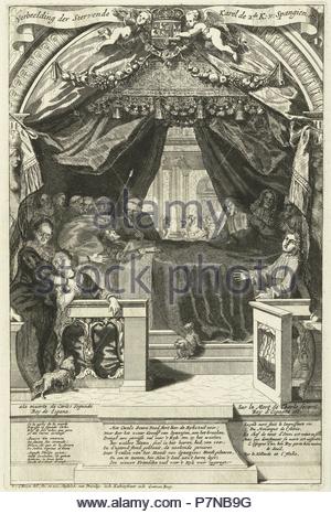 Death of Spanish King Charles II (1665-1700). Colored engraving Stock ...