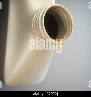 3D illustration. Last drop of oil falling from inside the container ...