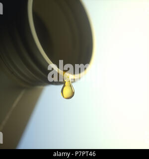 3D illustration. Last drop of oil falling from inside the container ...