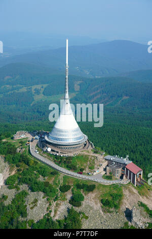 Aerial of the Jested Tower, a TV tower and hotel, the highest mountain ...