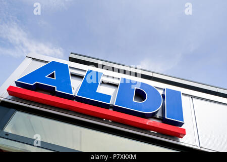 Aldi lettering at branch. Aldi is a leading global discount supermarket ...