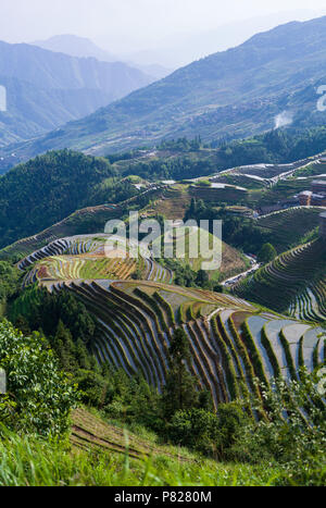 Panorama of Longji Rice Terraces - Dragon's Backbone - with village in ...