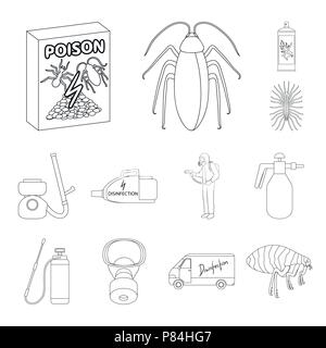 Pest, poison, personnel and equipment outline icons in set collection ...
