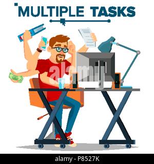 Multiple Tasks Business Woman Vector. Many Hands Doing Tasks ...