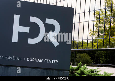 A logo sign outside of the headquarters of HDR, Inc., in Omaha ...