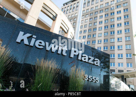 A logo sign outside of Kiewit Plaza, the headquarters of both the ...