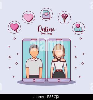 cellphones with avatar couples with online dating related icons around ...