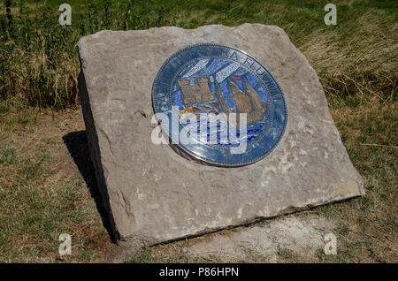 Flint, UK. June 9, 2018. A plaque with a design based around the Flint ...