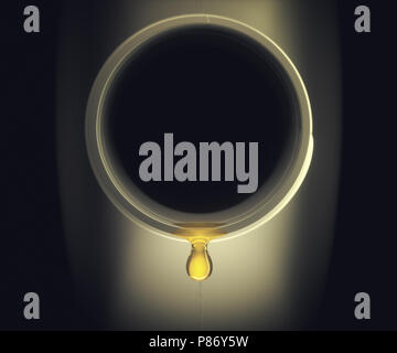 3D illustration. Last drop of oil falling from inside the container ...