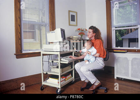 1990’s woman computer working at home retro vintage, young mother on ...