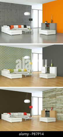 Three views of modern interior loft design Stock Photo - Alamy