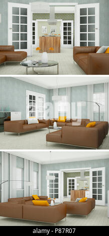 Three views of modern interior loft design Stock Photo - Alamy