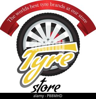 Tyre store or repair logo with red ribbon. Modern, solid and flat color ...