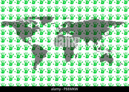 an image of a worldmap on handprint background Stock Photo - Alamy