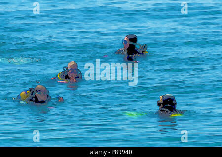 Illustration divers in wetsuits on the blue water in the spanish bay ...