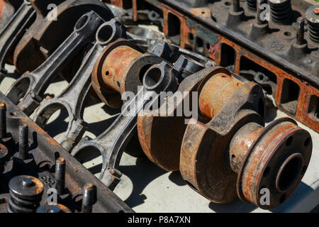 Old, rusted collectable car engine parts for sale at outdoor auto swap ...