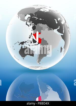 Peru with flag on globe reflecting on surface. 3D illustration Stock ...