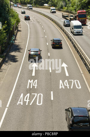 Road markings on the A470 dual carriageway in Taffs Well on the ...