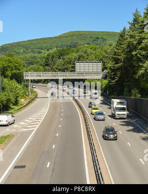 Road markings on the A470 dual carriageway in Taffs Well on the ...