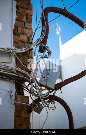 Dangerous twisted and exposed jumble of electrical cables, junctions ...