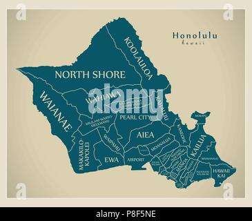 Modern City Map - Honolulu Hawaii city of the USA with neighborhoods ...