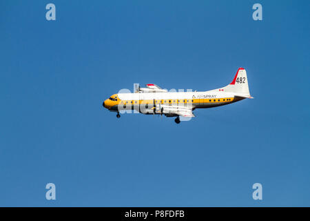 Lockheed L-188 Electra water bomber in flight to drop load on BC forewt ...