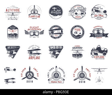 Vintage airplane emblems. Biplane labels. Retro Plane badges and design ...