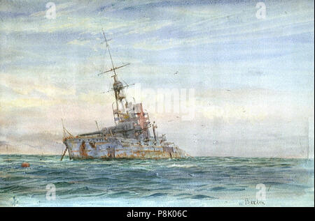 Study of the former German battleship 'Baden', at anchor and listing ...