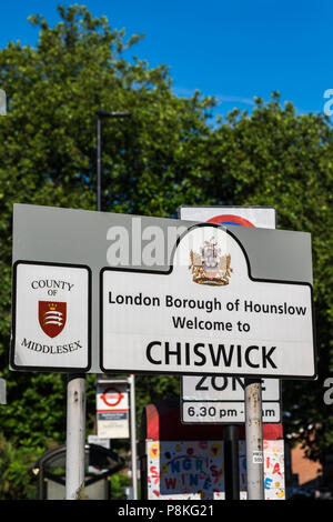 Welcome to Chiswick road sign, London, England, u.k Stock Photo - Alamy