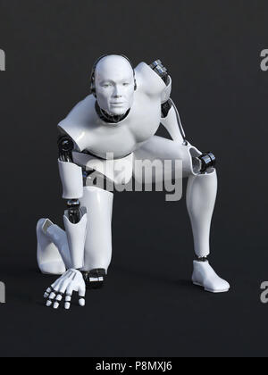 3D rendering of male robot crouching Stock Photo - Alamy