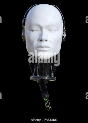 3D rendering of a severed android robot man head with eyes open on a ...
