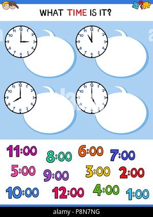 Cartoon Illustrations of Telling Time Educational Task with Clock Face ...