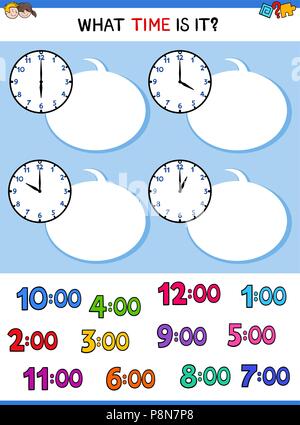 Cartoon Illustrations of Telling Time Educational Activity with Clock ...