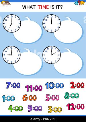Cartoon Illustrations of Telling Time Educational Activity with Clock ...