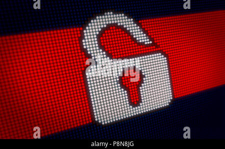 Computer padlock symbol on big LED display with large pixels. Bright ...