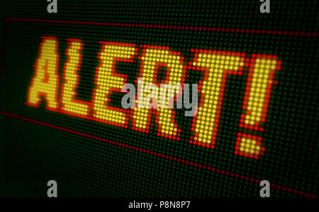 Alert word on big LED display with large pixels. Bright light warning ...
