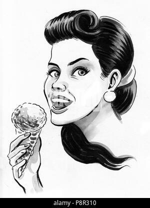Pretty pinup woman. ink black and white drawing Stock Photo - Alamy