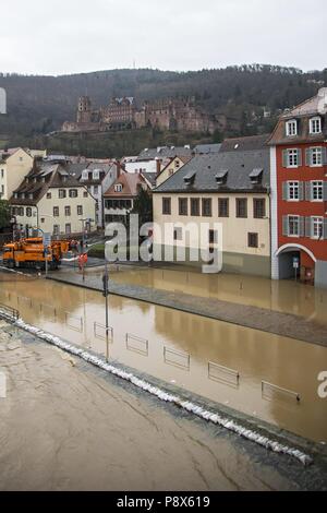 High flood of Neckar river, Heidelberg, Baden-Wuerttemberg, Germany ...