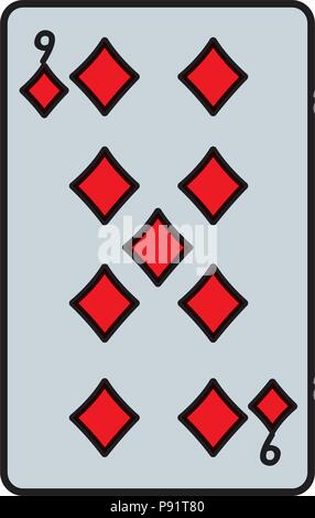 Nine of diamonds card flat color icons in square frames on white ...