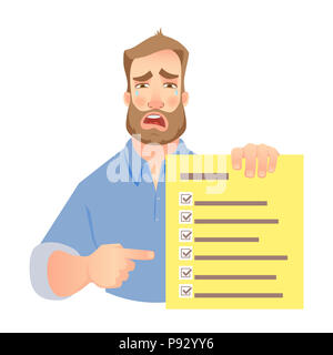 Man holding checklist. Businessman points to check list. illustration ...