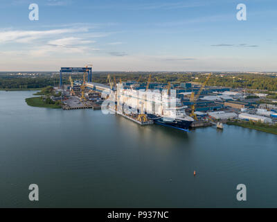Shipbuilding construction ship aerial view at shipyard harbour with ...