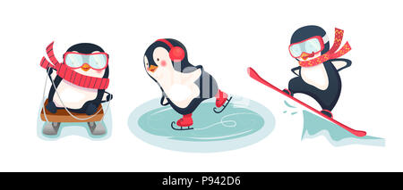 Active penguins in winter. Winter sports illustration. Set Stock Photo ...