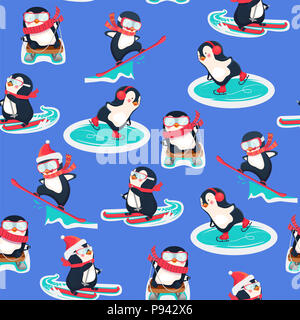 Winter animals seamless penguin cartoon kawaii Christmas fish pattern ...