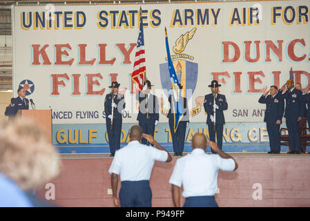 Col. Jason Janaros, 37th Training Wing, commander, speaks with Tim Woliver, Lt Col USAF Ret ...