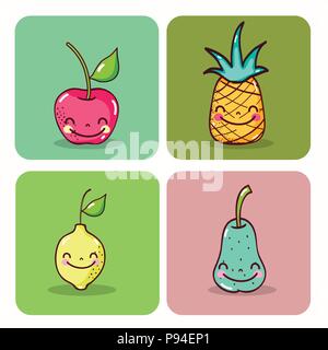 Set of cute fruits cartoons square icons vector illustration graphic ...