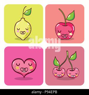 Set of cute fruits cartoons square icons vector illustration graphic ...