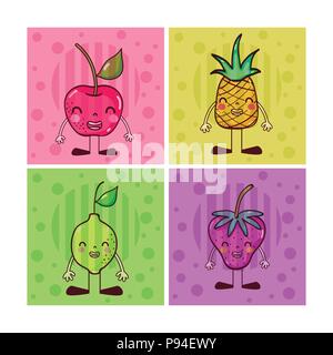 Set of cute fruits cartoons square icons vector illustration graphic ...